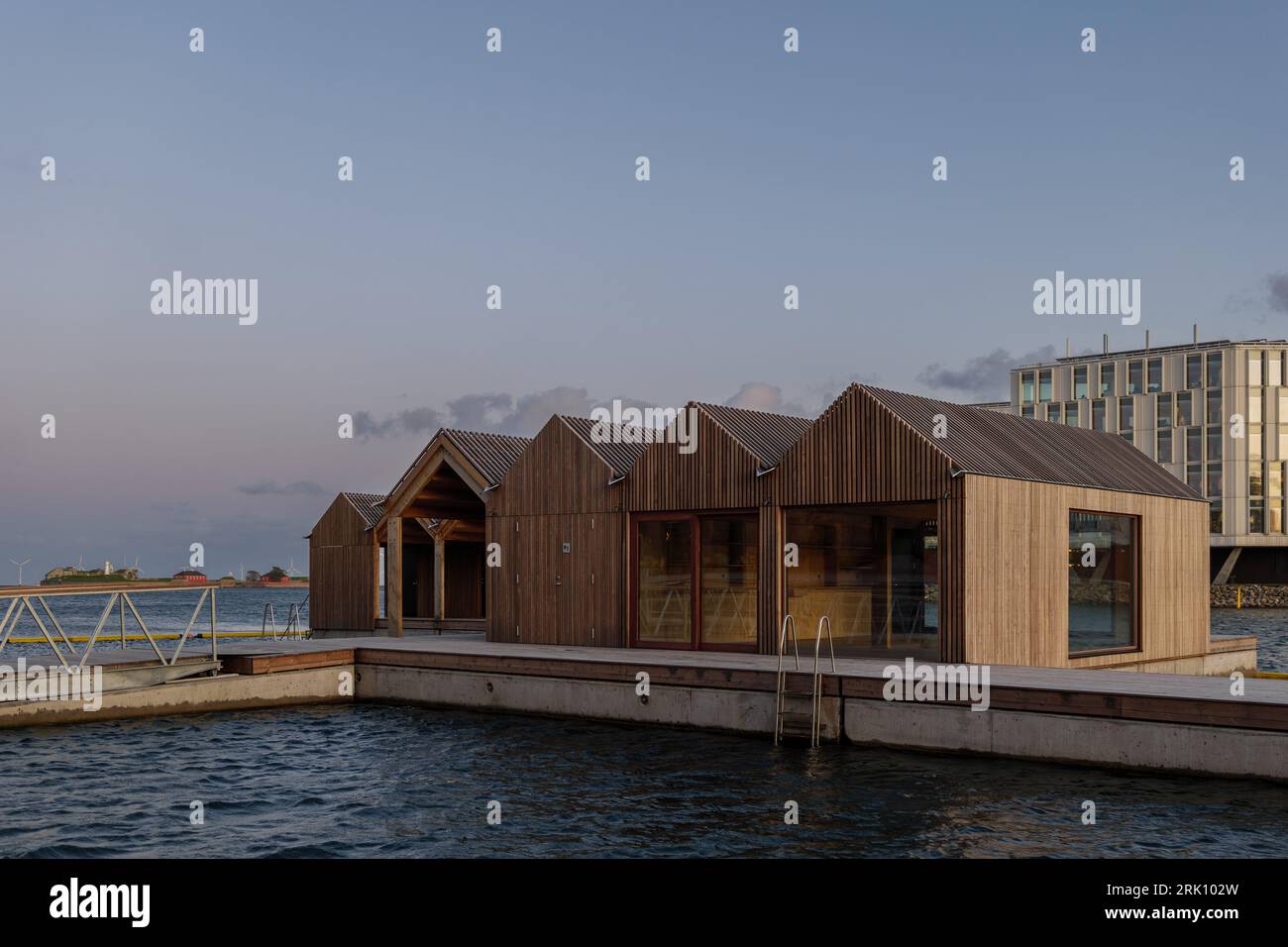 Outdoor exterior view at waterfront of Nordhavn Bassin, wooden floating ...