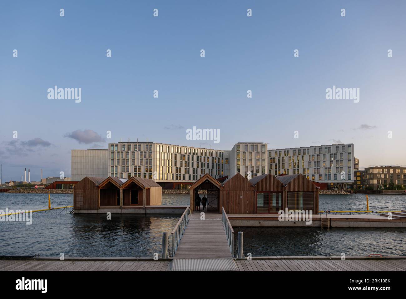 Outdoor exterior view at waterfront of Nordhavn Bassin, wooden floating ...