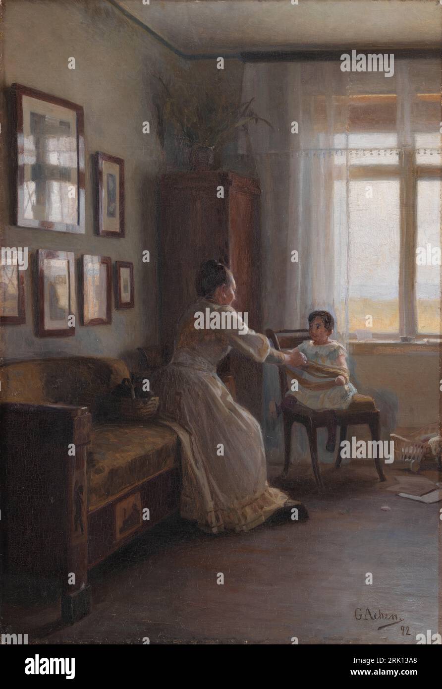 Interior with the Artist's Wife and Child 1892 by Georg Achen Stock ...