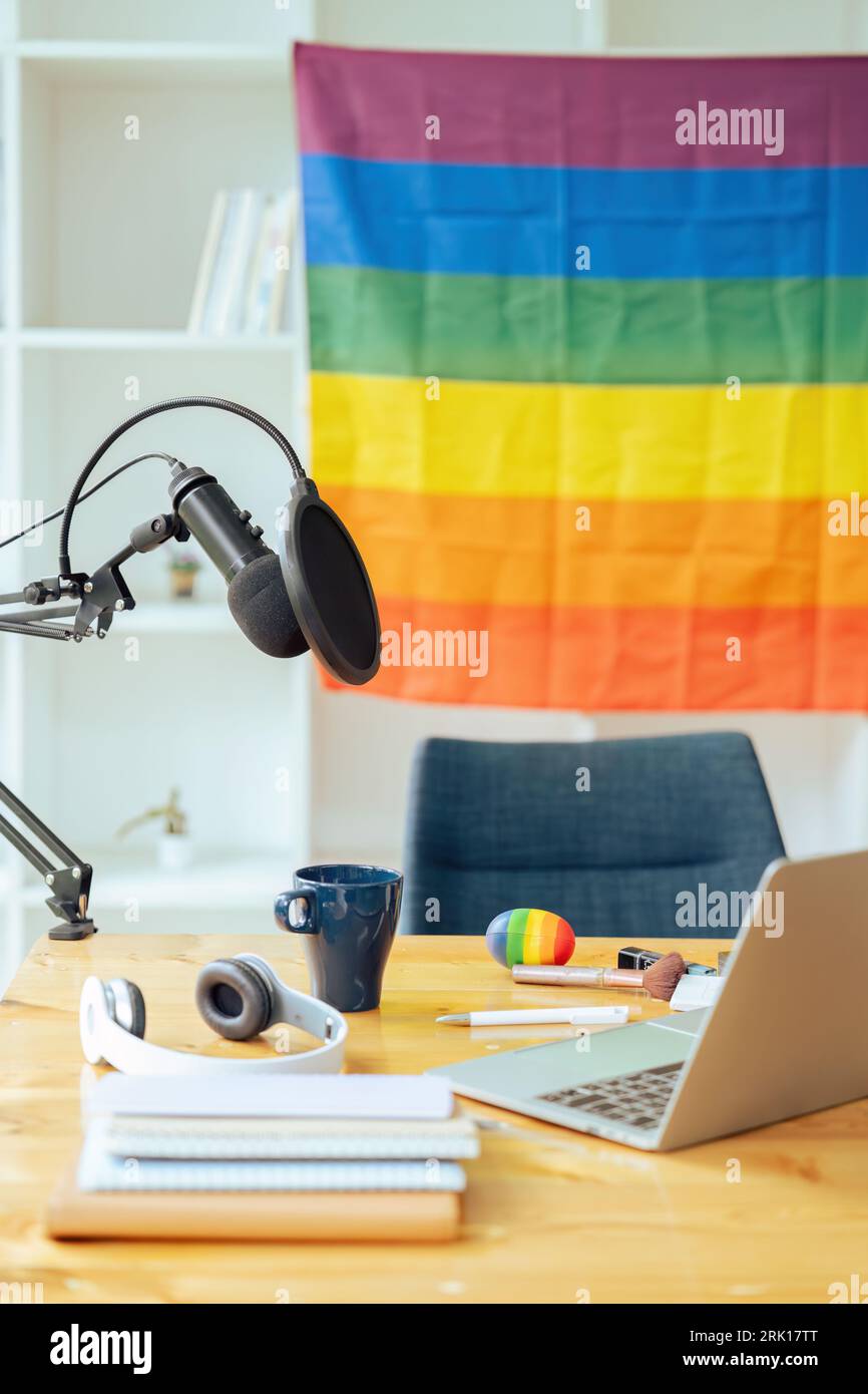 Empty living room studio desk of host streaming radio podcast at the ...