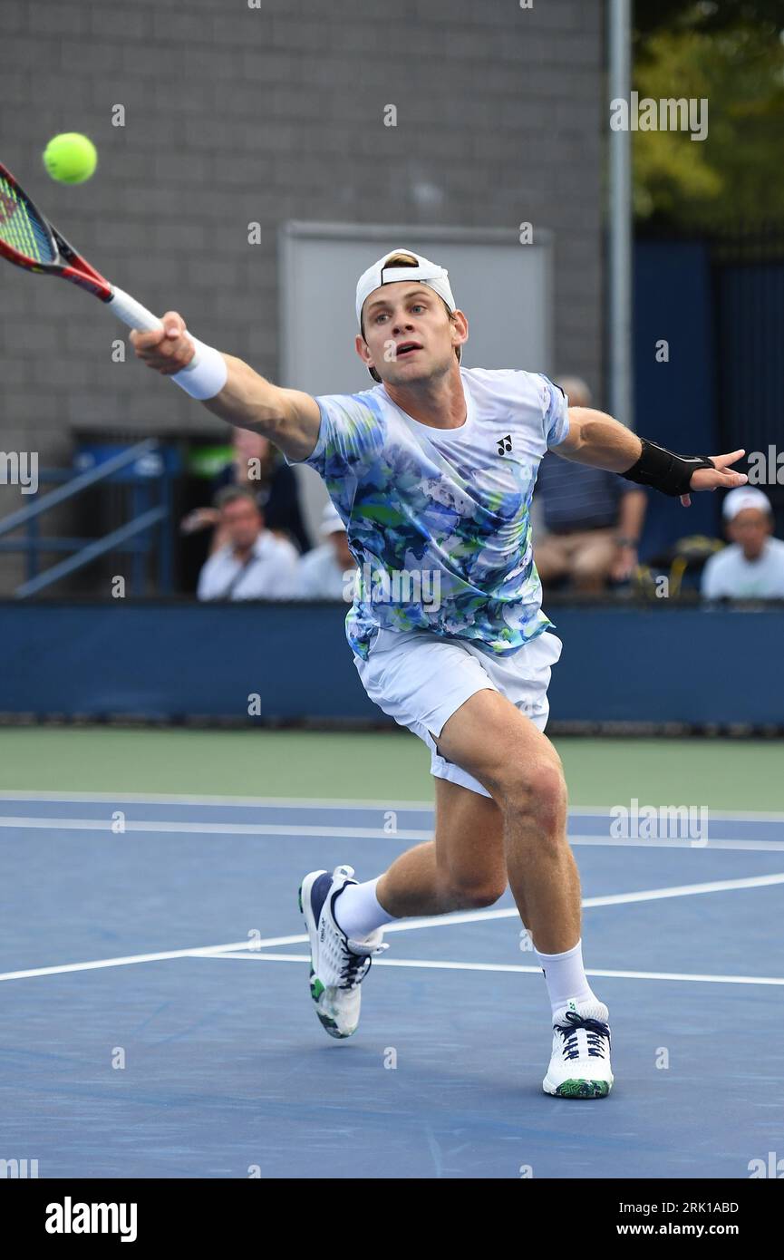 New York, USA. 23rd Aug, 2023. Belgian tennis player Zizou Bergs plays ...