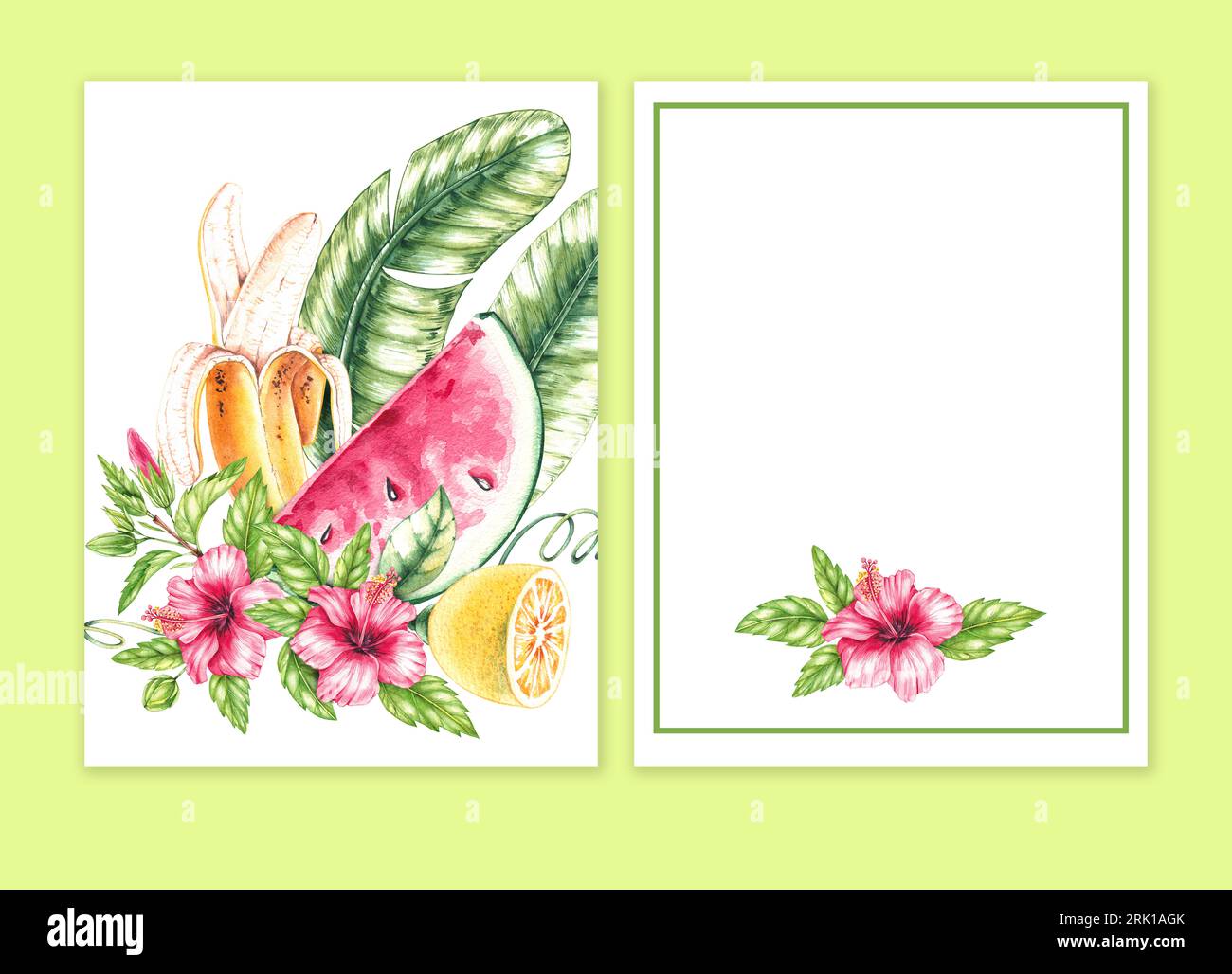Watercolor tropical postcard template. Invitation with fruits, flowers ...