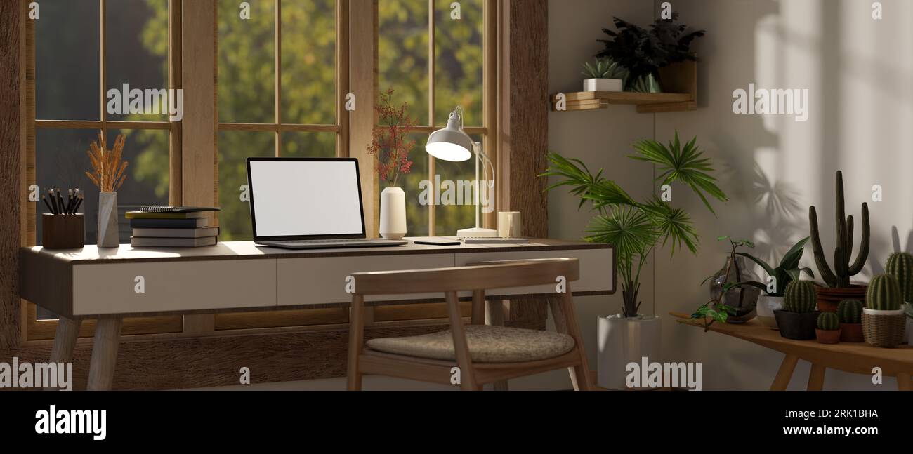 A cozy, minimalist home workspace with a laptop mockup on a table ...