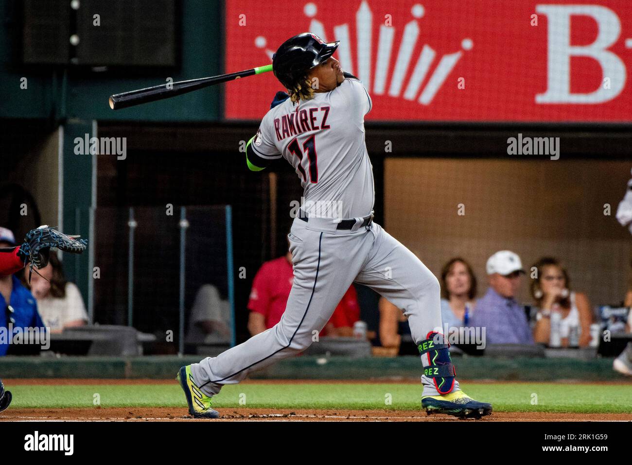 Cleveland Guardians' Jose Ramirez (11) swings at a pitch in the top of ...