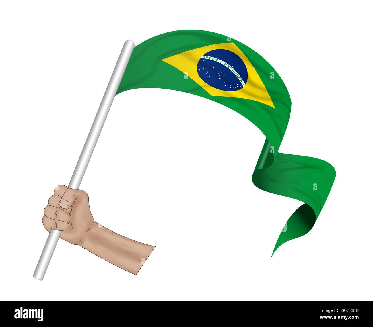 3D illustration. Hand holding flag of Brazil on a fabric ribbon ...