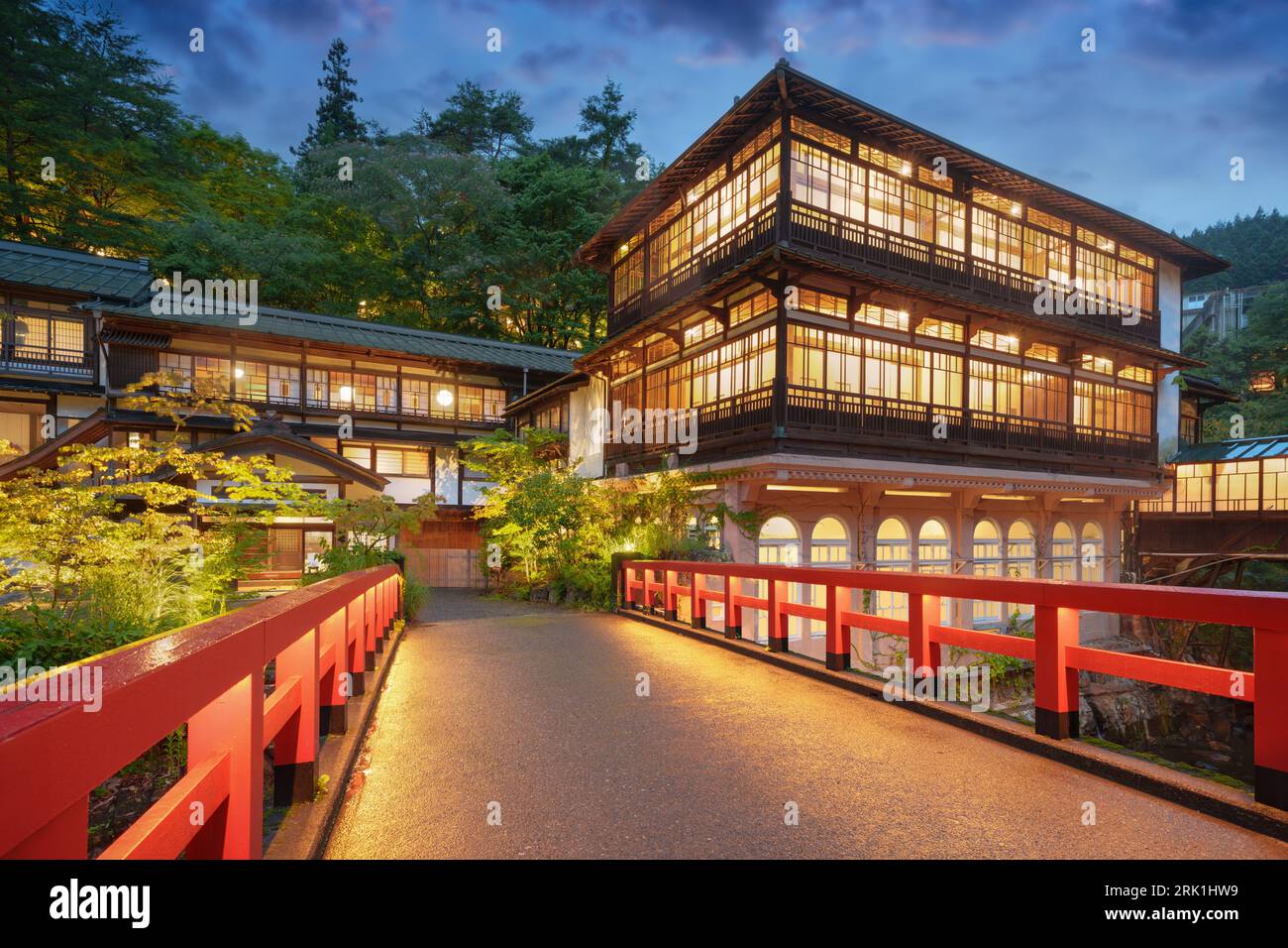 Shima Onsen, Gunma, Japan traditional architecture at dusk Stock Photo ...