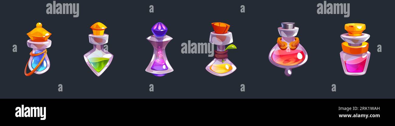 Set of magic elixir bottles isolated on black background. Vector ...