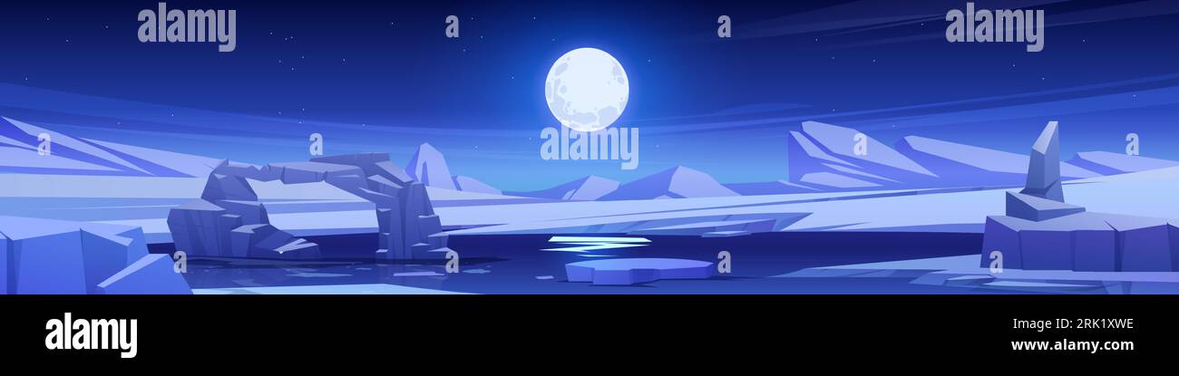 Night north pole vector landscape with full moon in sky. Cartoon dark ...