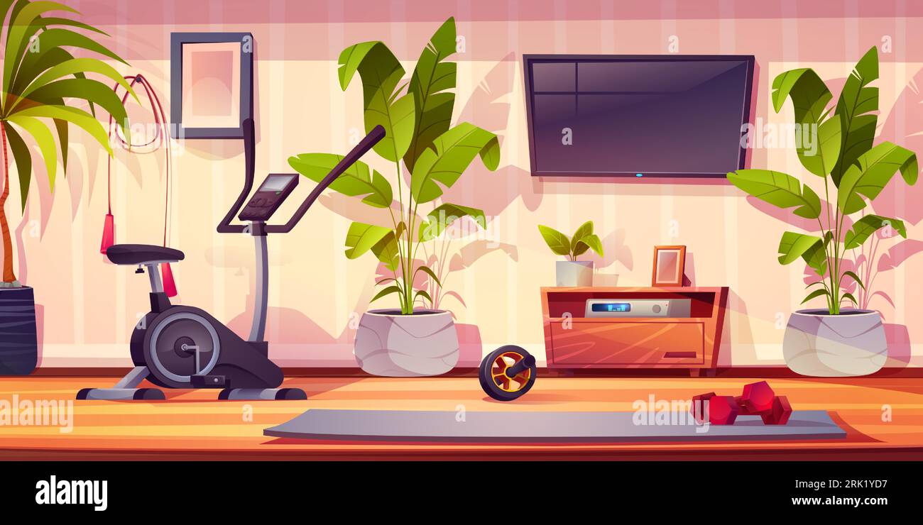 Home sport and fitness gym cartoon vector interior. Exercise room for ...