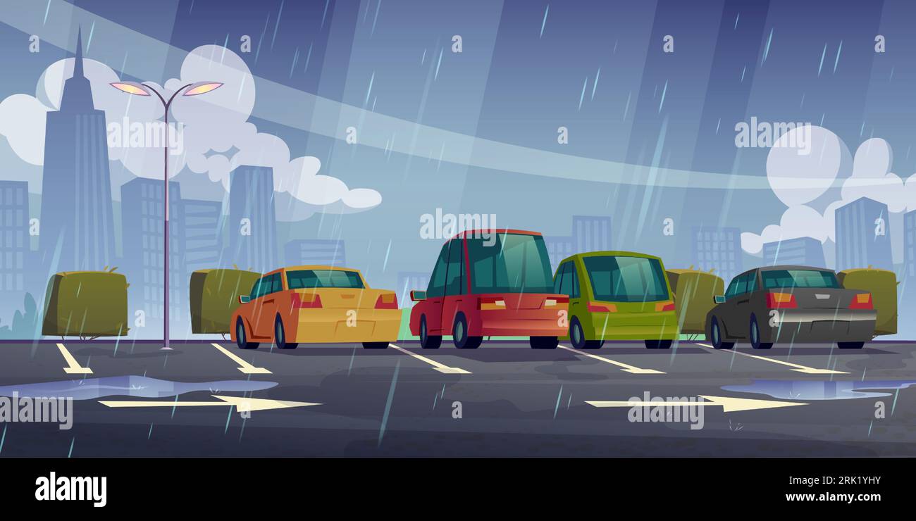 Rain on car park lot and city street road vector illustration ...