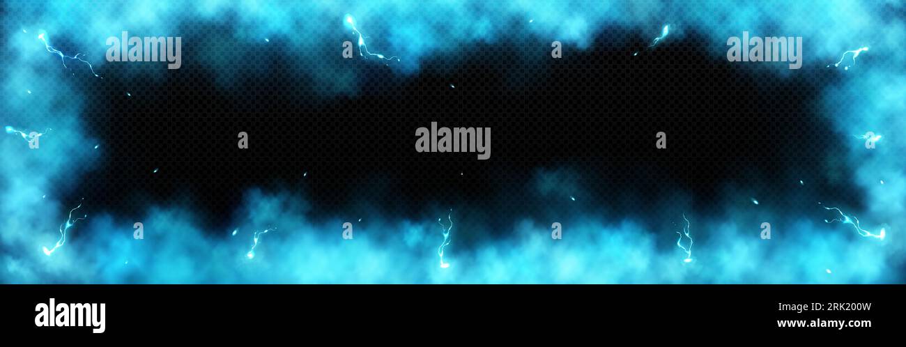 Blue lightning and smoke effect frame background. 3d abstract thunder ...