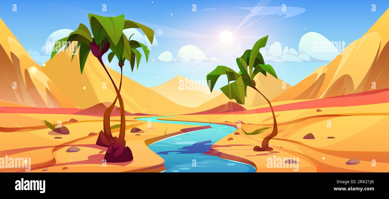 Oasis in desert covered with sand, hills, with river and palm trees on ...