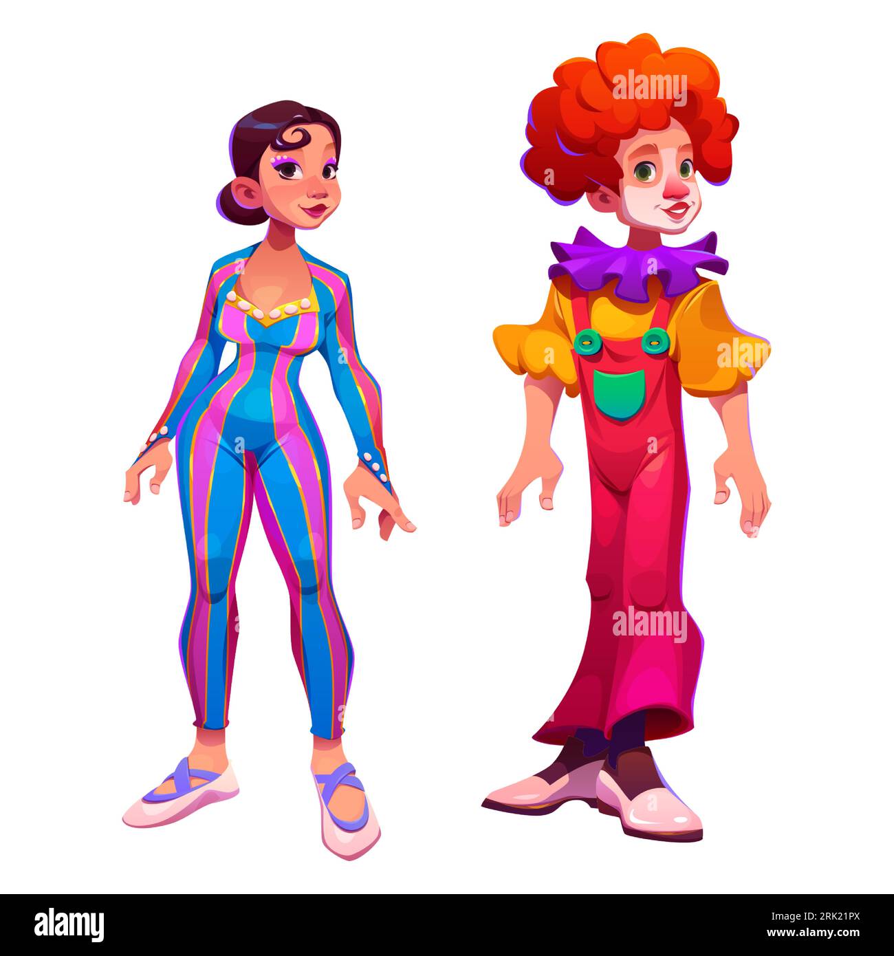 Female gymnast and circus clown characters isolated on white background ...