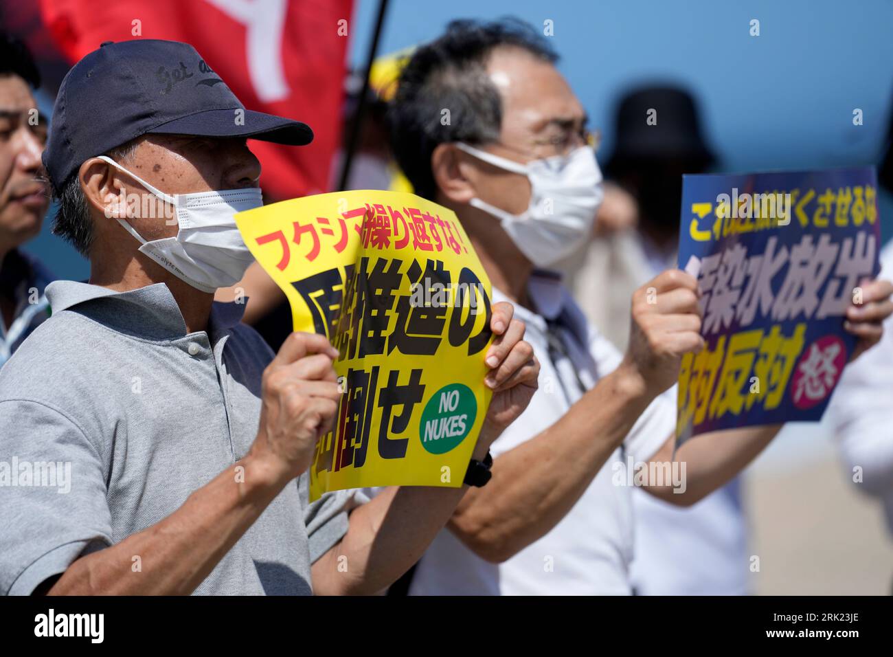 People protest at a beach toward the Fukushima Daiichi nuclear power ...