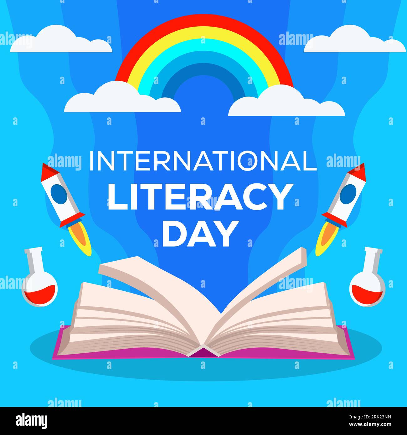 literacy day illustration design concept with rocket, rainbow, and ...