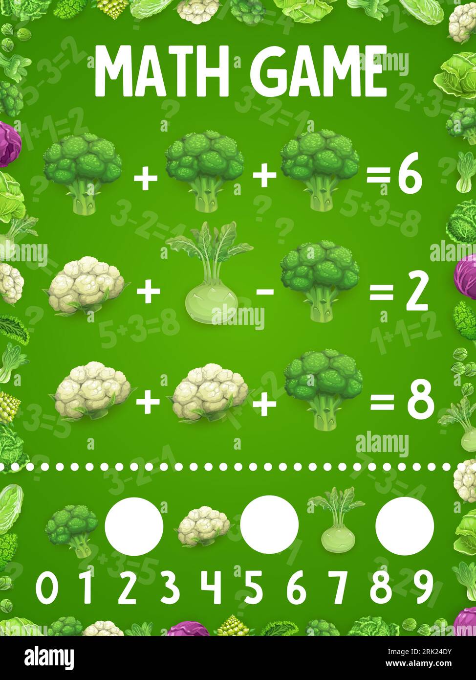 Math game worksheet, cartoon broccoli, kohlrabi and cauliflower cabbage ...