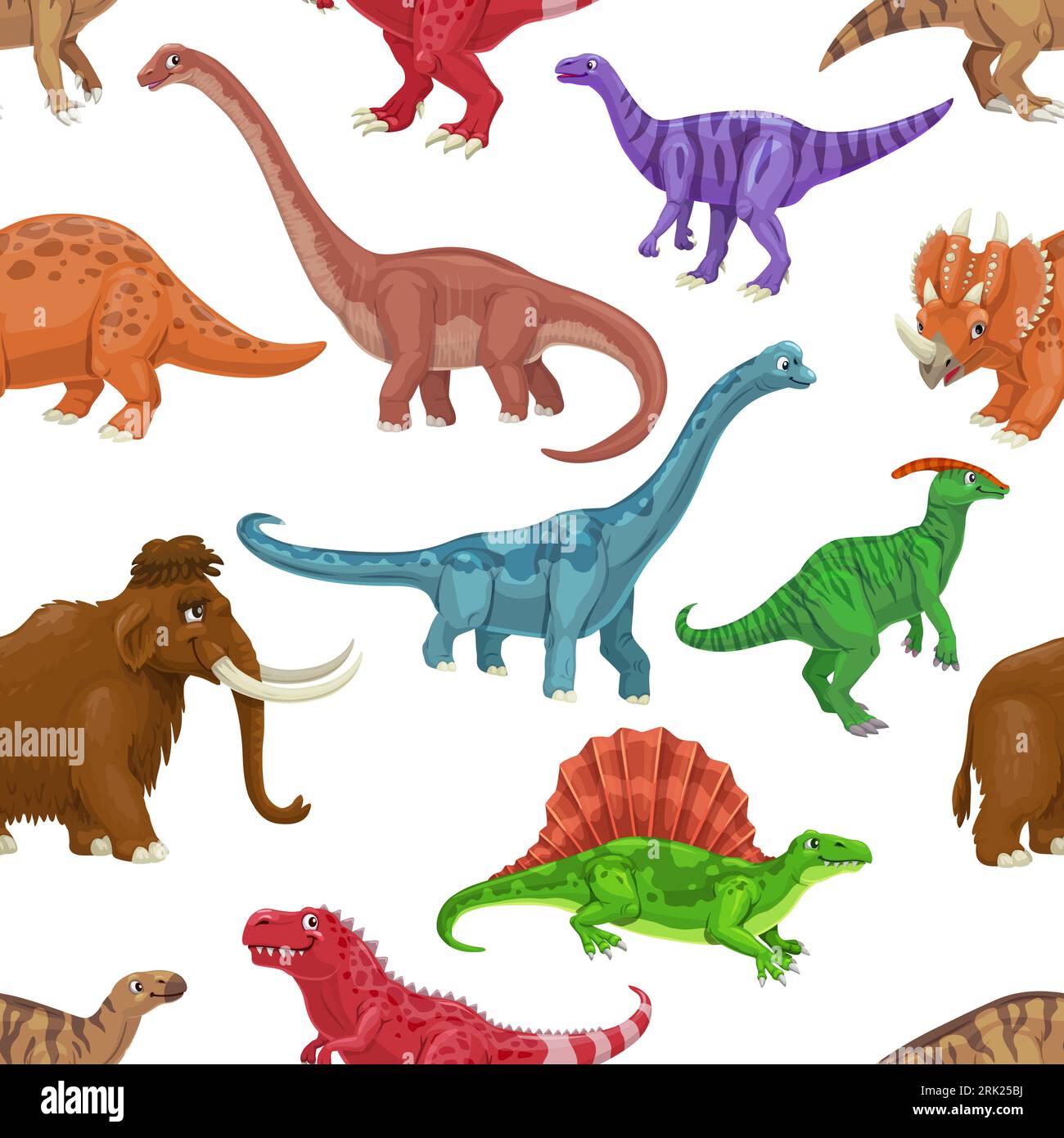 Cartoon dinosaur characters seamless pattern. Textile vector backdrop ...