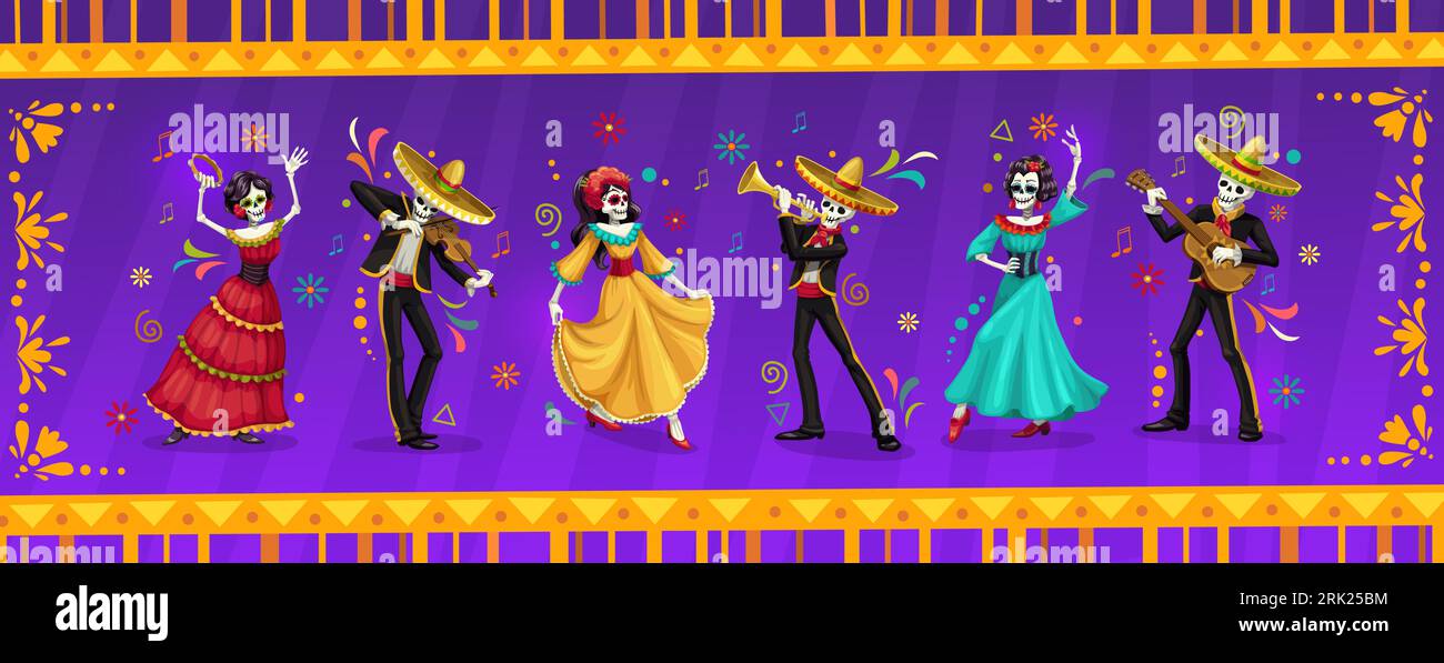 Cartoon dia de los muertos dead day skeleton mariachi musicians and ...