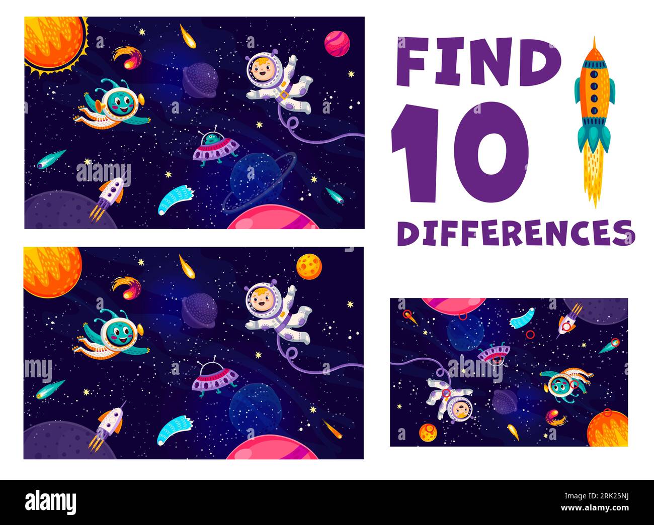 Find ten differences at space galaxy landscape. Astronaut and cartoon ...