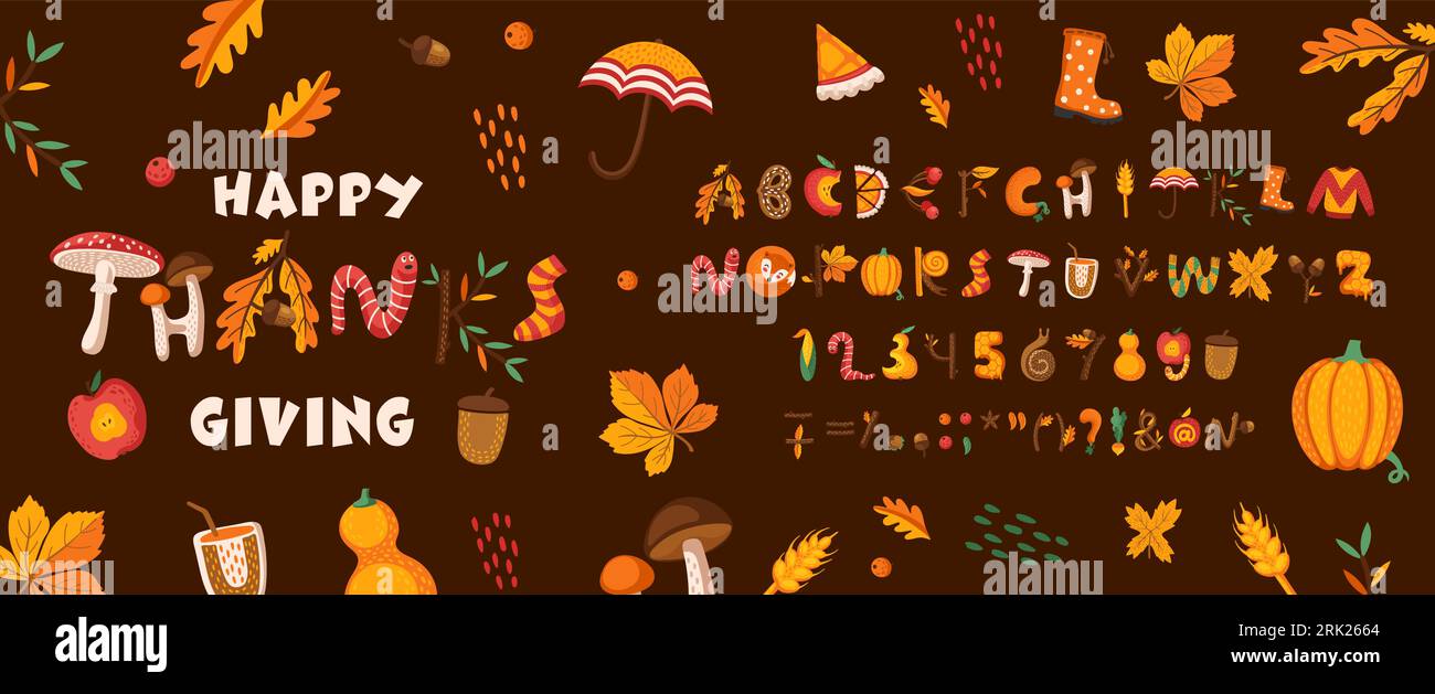 Cartoon autumn font, Thanksgiving type, autumnal fall typeface, harvest ...