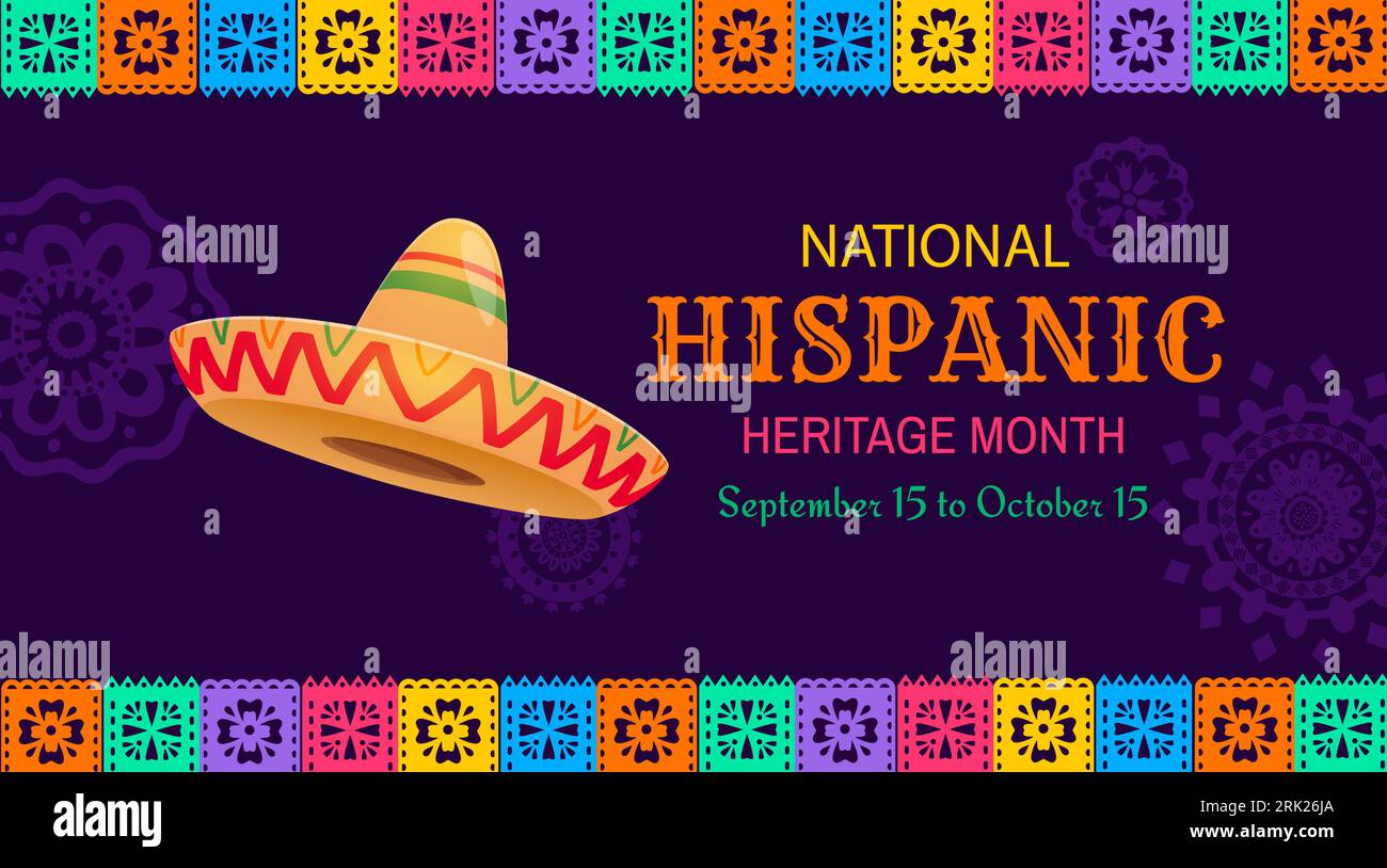Sombrero hat and papel picado flags, national hispanic heritage month festival banner. Vector ...