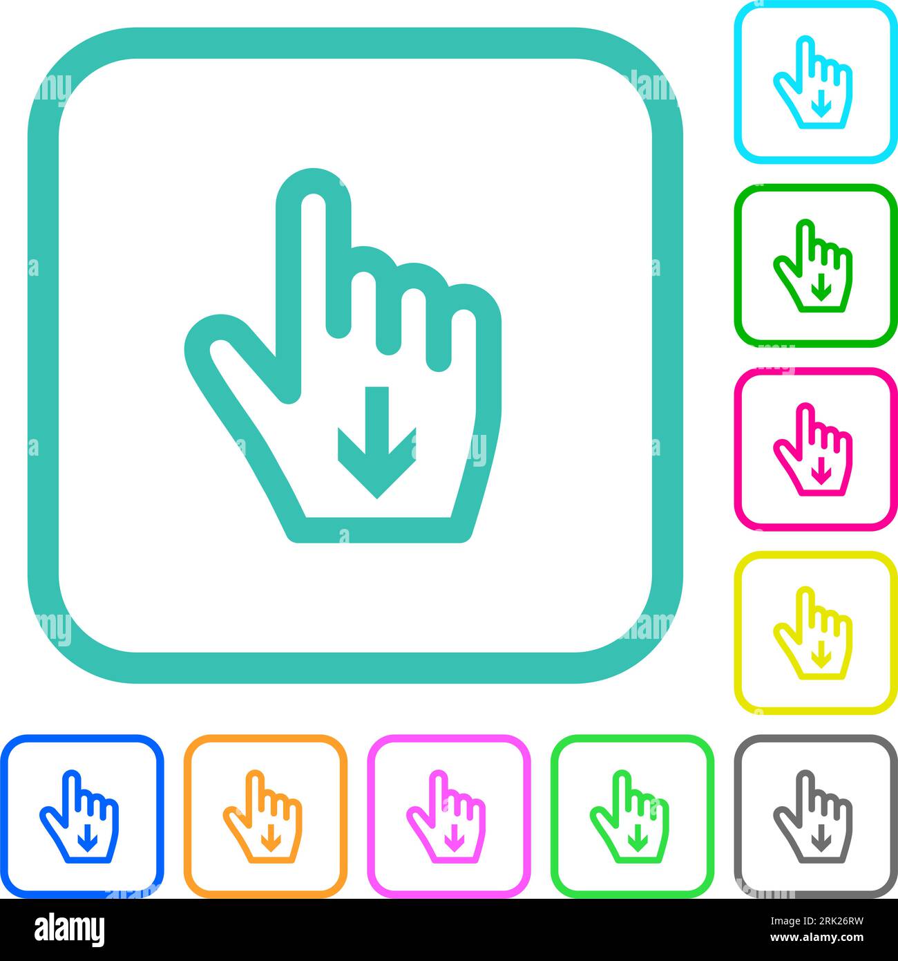 Hand cursor down outline vivid colored flat icons in curved borders on ...