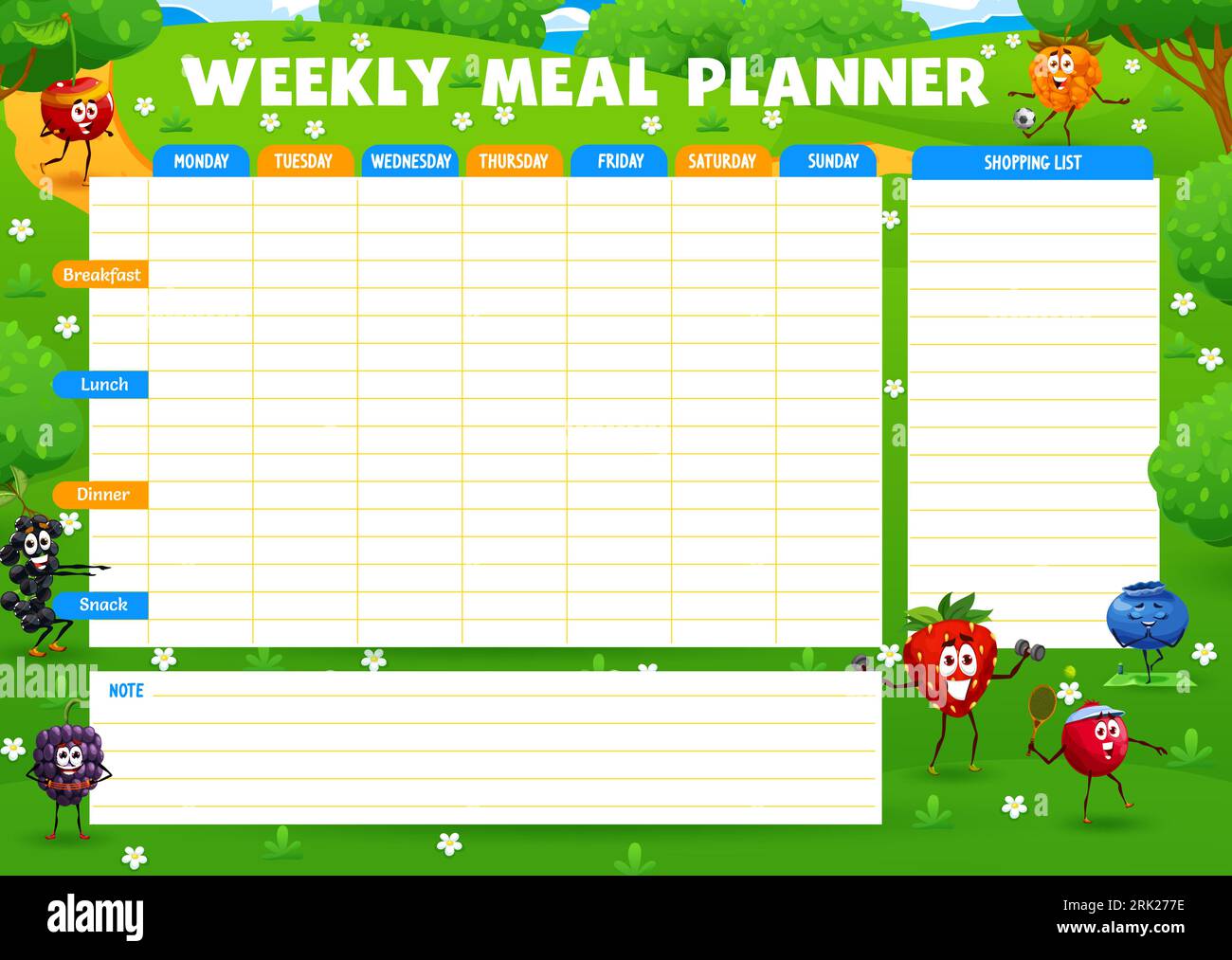 Weekly meal planner, cartoon cheerful berry characters on summer meadow ...