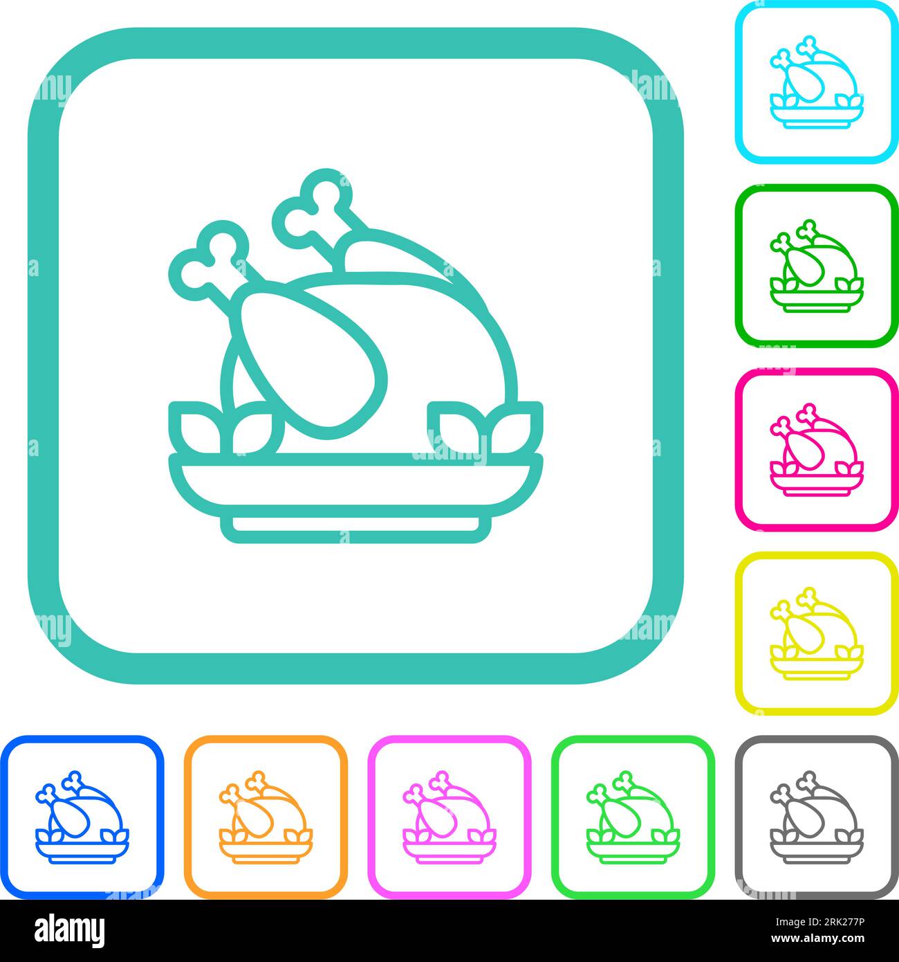 Roasted chicken outline vivid colored flat icons in curved borders on ...