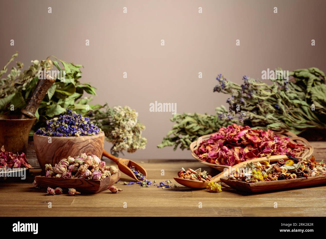 Dry herbal tea mix and various dried medicinal plants, herbs, and ...