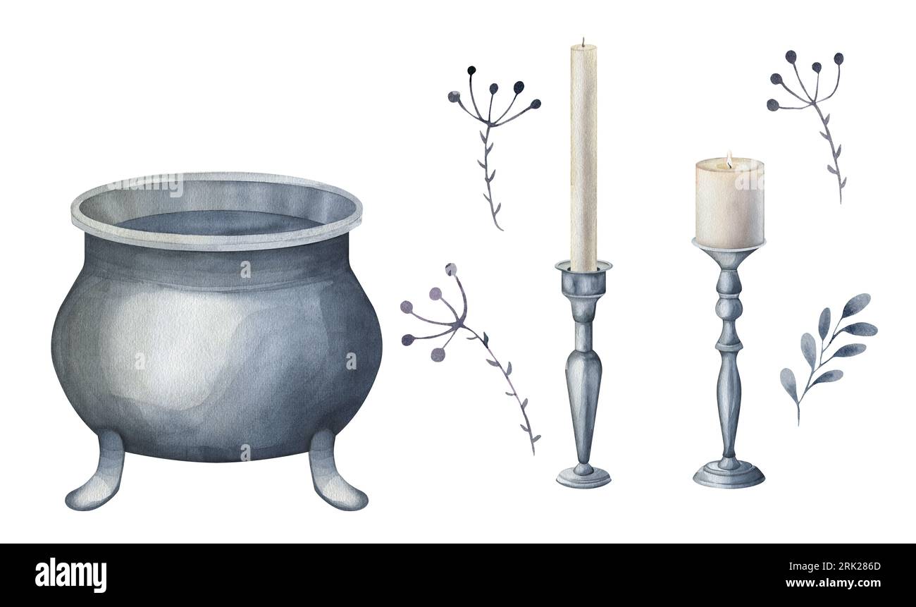 watercolor candle , cauldron, candle holder clipart. Isolated ...