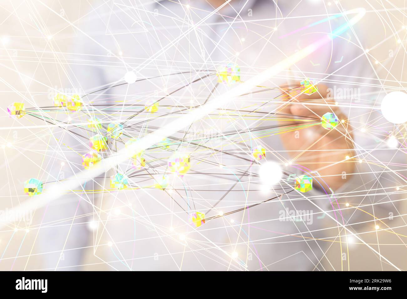 A person pointing at a network of data with connecting dots Stock Photo ...
