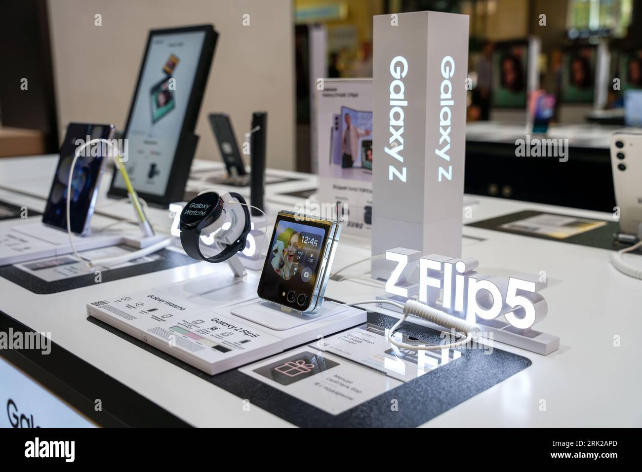 Almaty, Kazakhstan - August 17, 2023: Storefront with samsung galaxy zflip5 smartphone. Korean ...