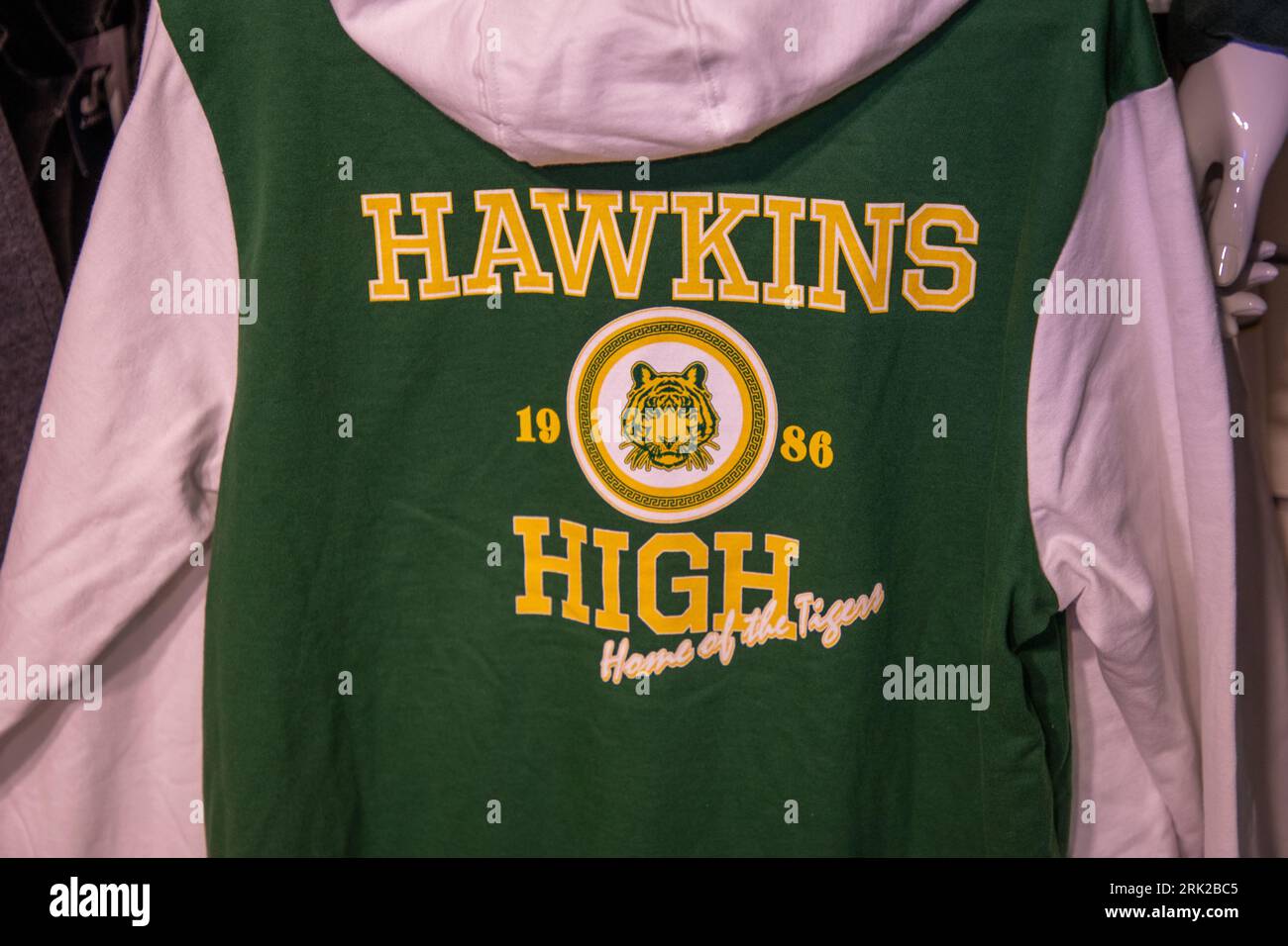 Milan , Italy - 08 17 2023 : Hawkins 1986 High School shirt cloth tiger ...