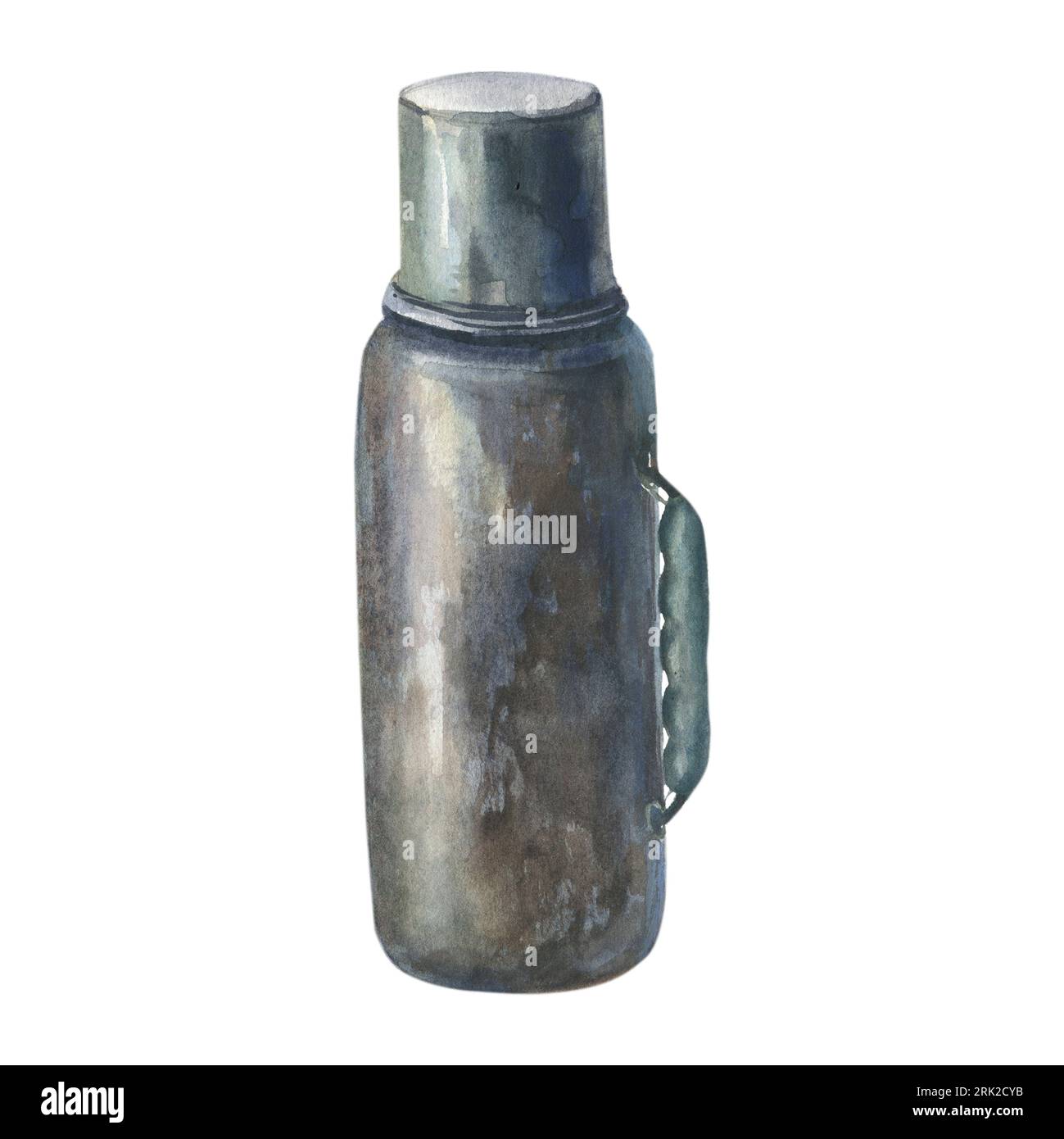 Hand drawn watercolor illustration of old retro metal thermos on ...