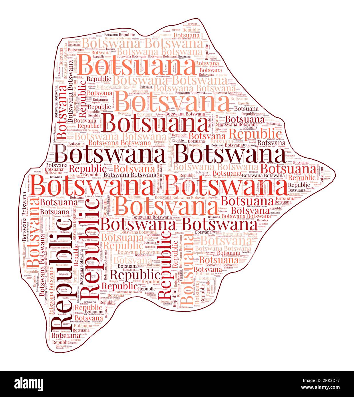 Botswana shape filled with country name in many languages. Botswana map in wordcloud style ...