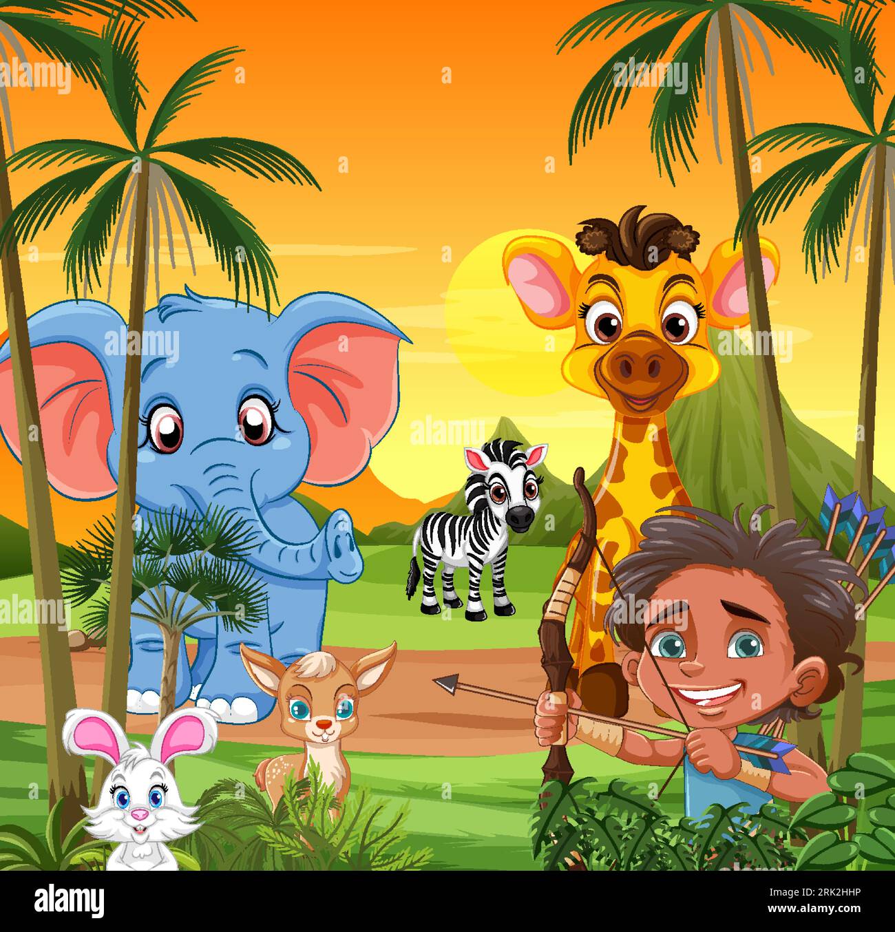 A vector cartoon illustration of indigenous people hunting in a forest ...