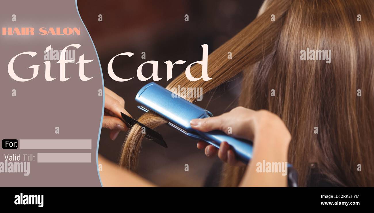 Composite of hair salon gift certificate text over caucasian female ...