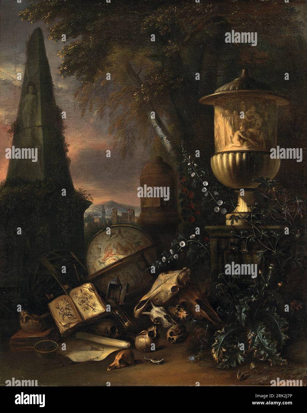 Vanitas. Still Life in a Landscape by Matthias Withoos Stock Photo - Alamy