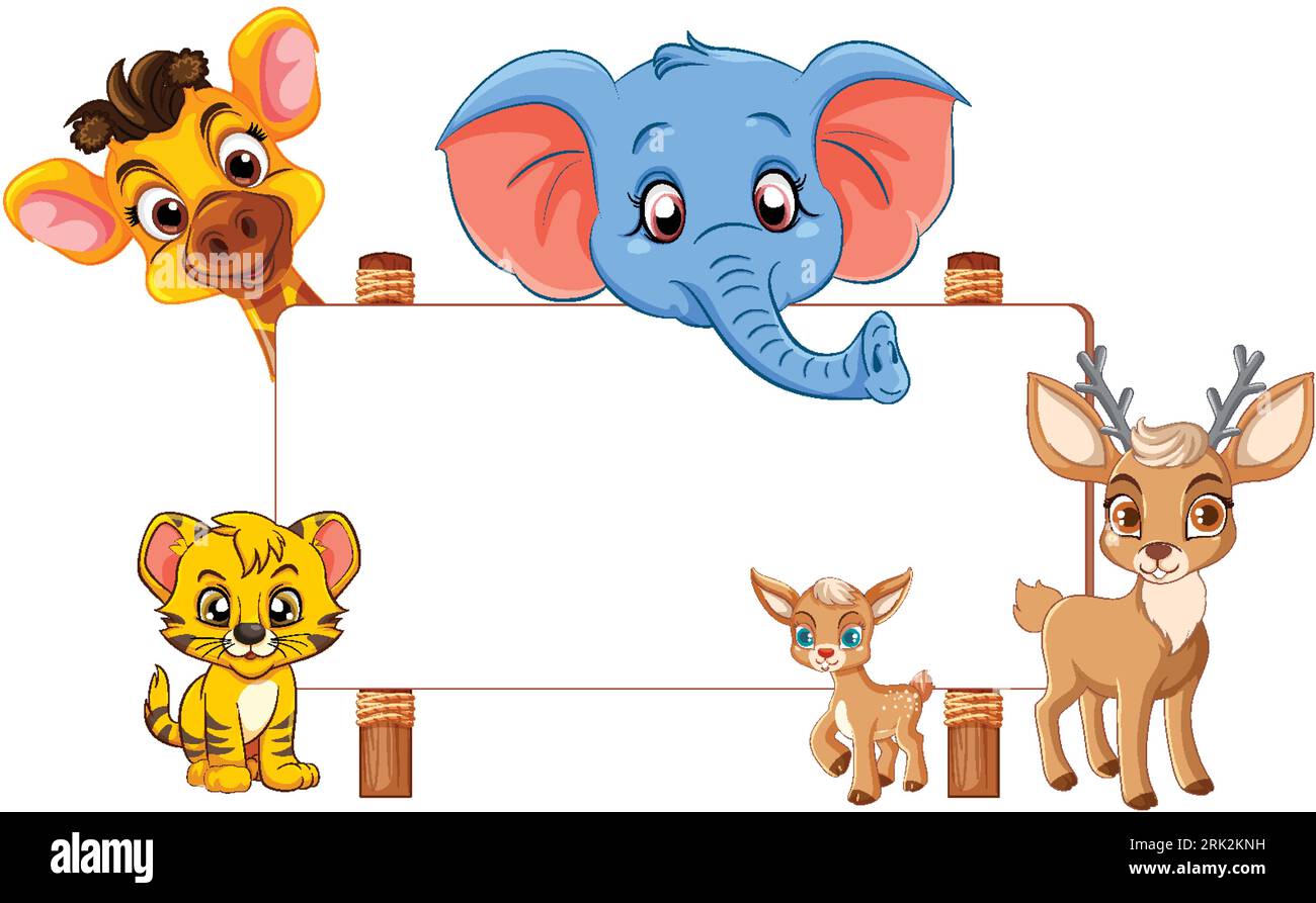 A vibrant cartoon illustration of various wild animals standing ...