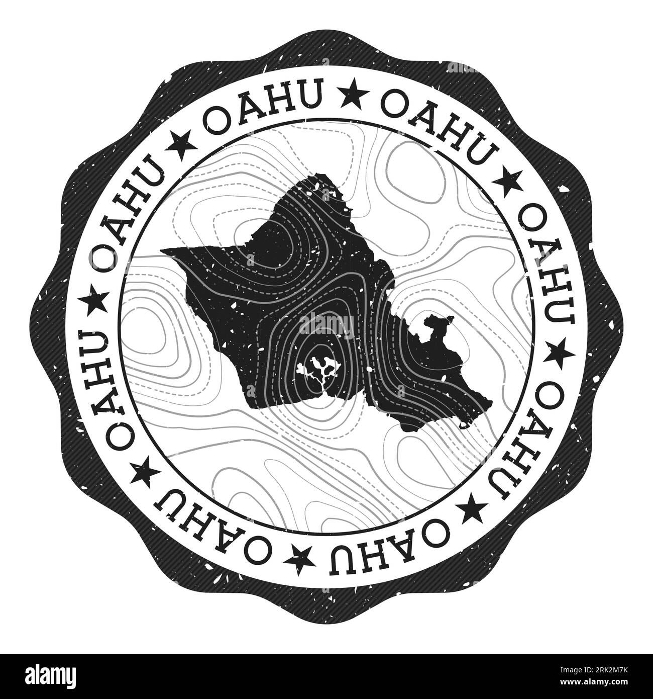 Oahu outdoor stamp. Round sticker with map of island with topographic ...