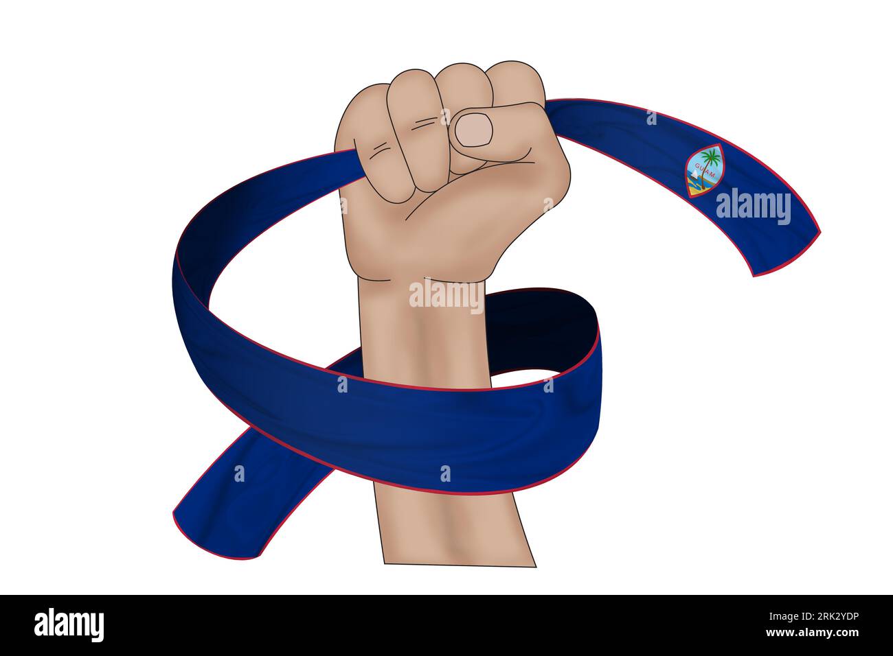 3D illustration. Hand holding flag of Guam on a fabric ribbon ...