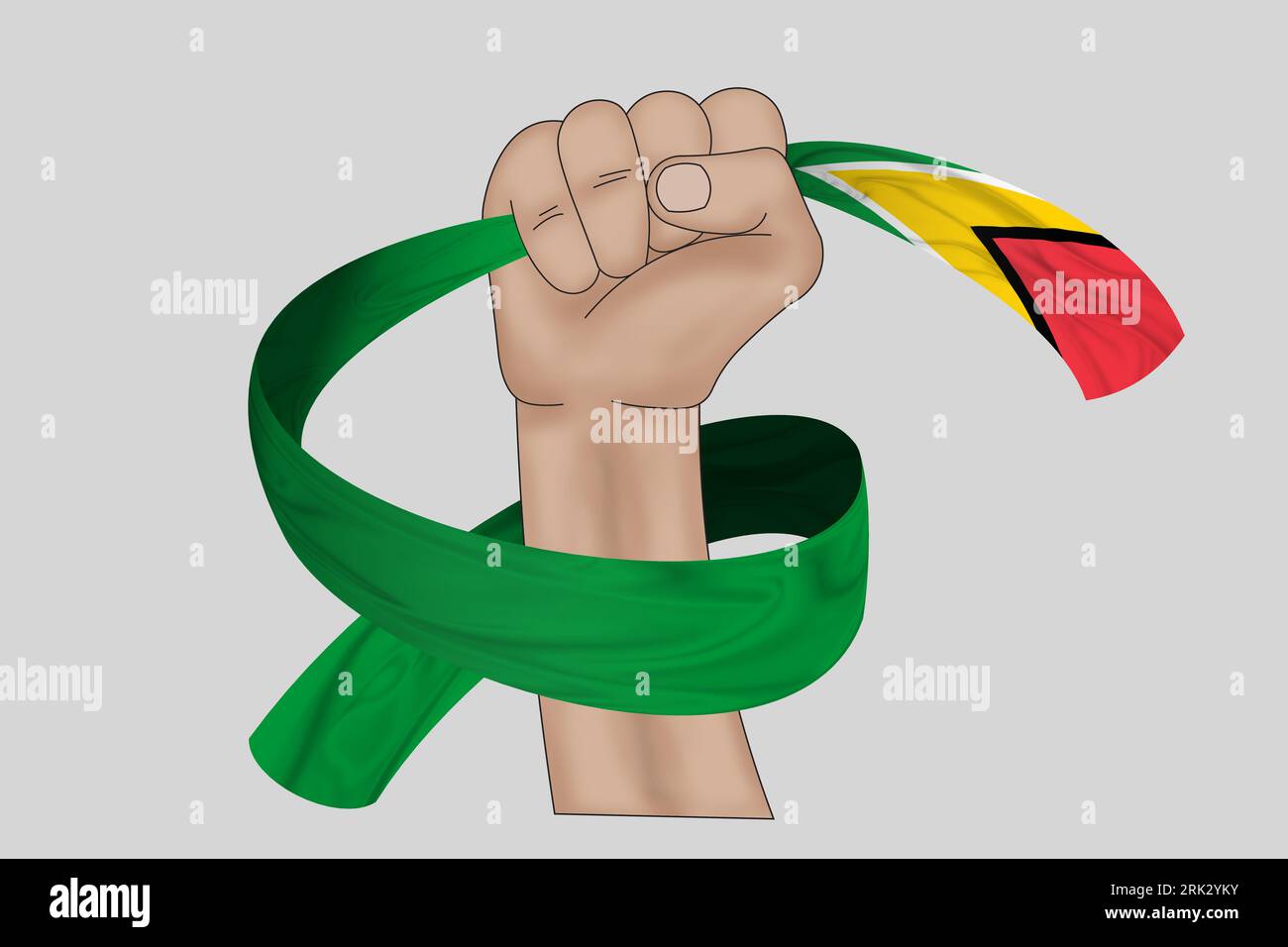3D illustration. Hand holding flag of Guyana on a fabric ribbon ...