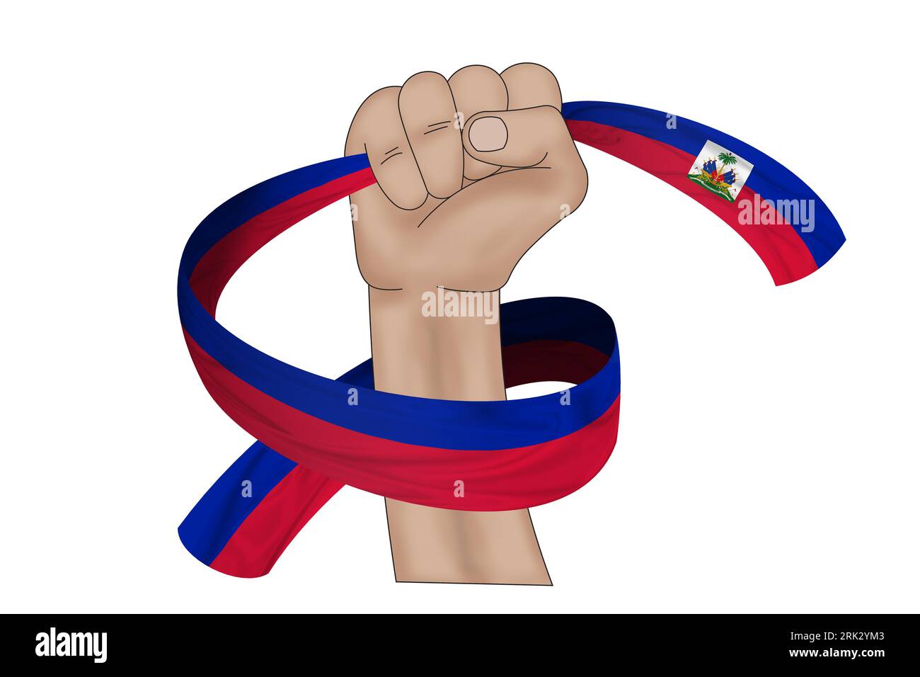 3D illustration. Hand holding flag of Haiti on a fabric ribbon ...