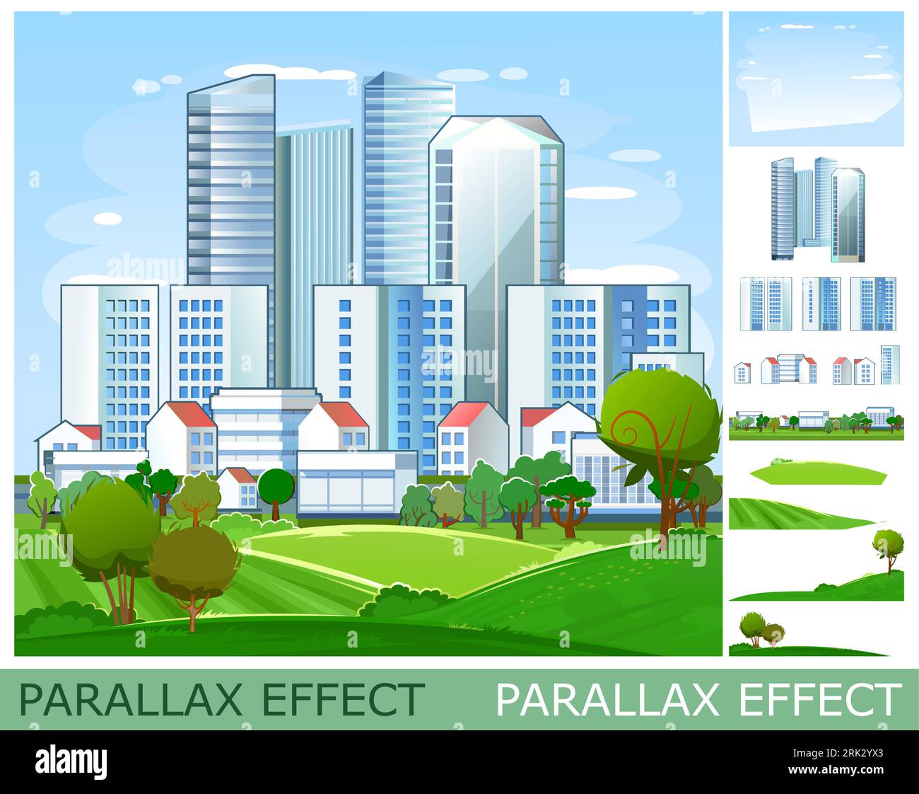 View of city from afar. Big skyscrapers and small houses on the ...