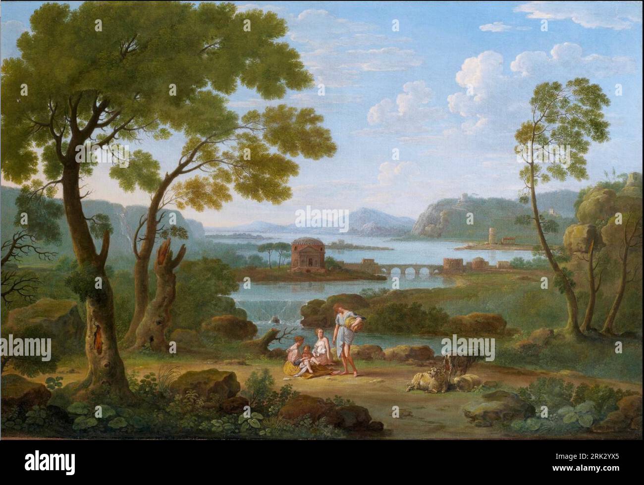 Classical River landscape with figures and goats before a bridge ...