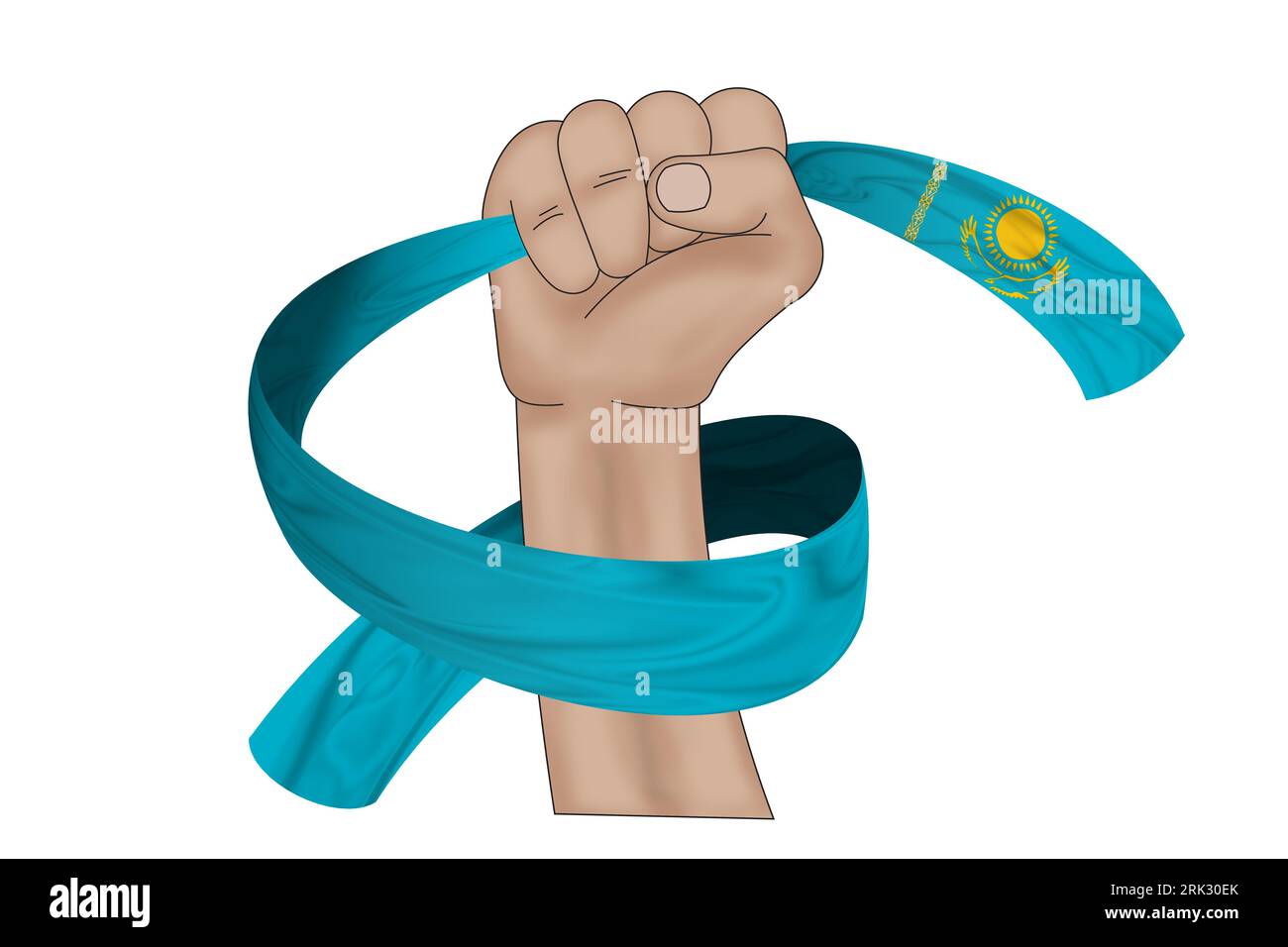 3D illustration. Hand holding flag of Kazakhstan on a fabric ribbon ...