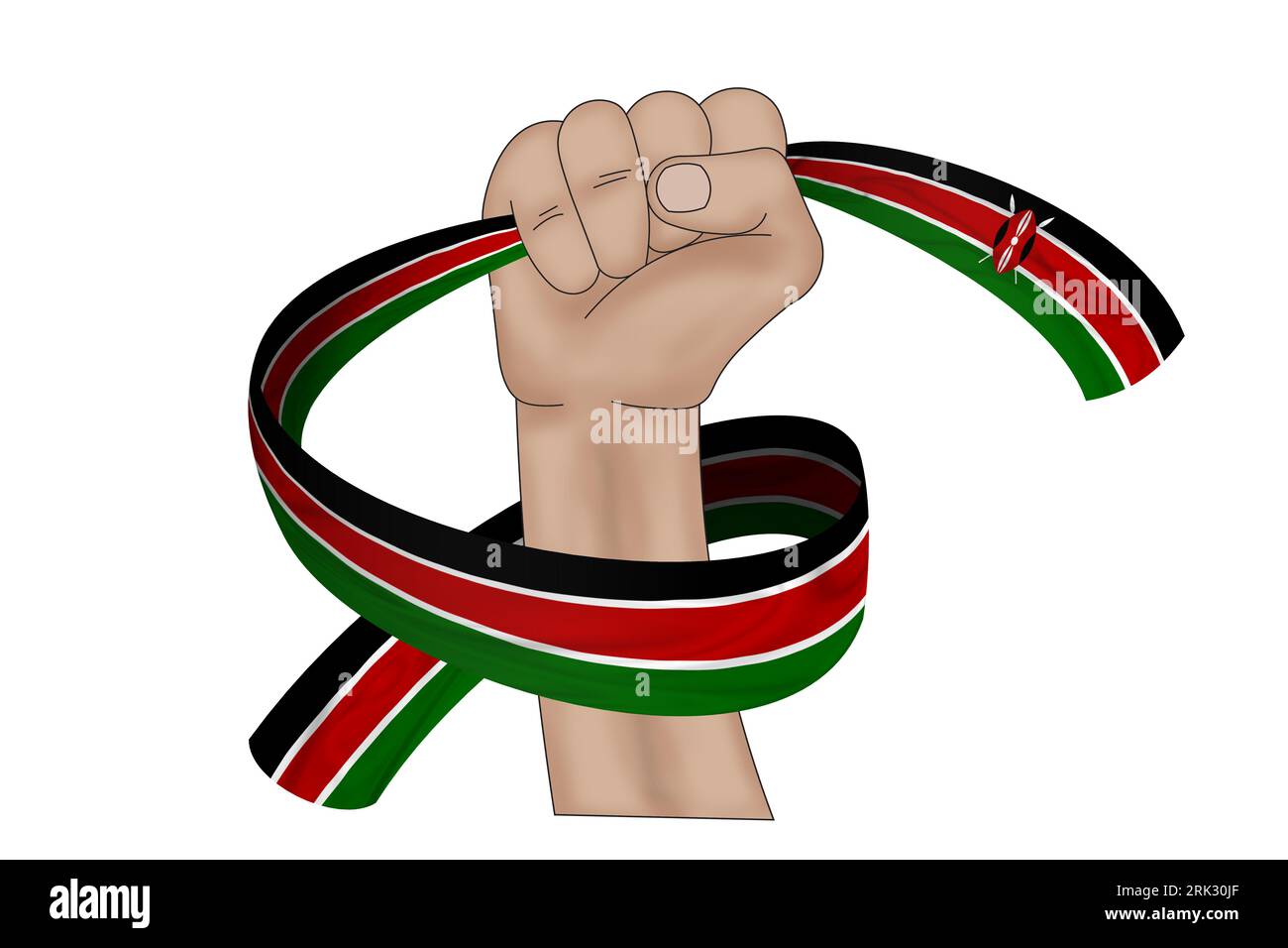 3D illustration. Hand holding flag of Kenya on a fabric ribbon ...