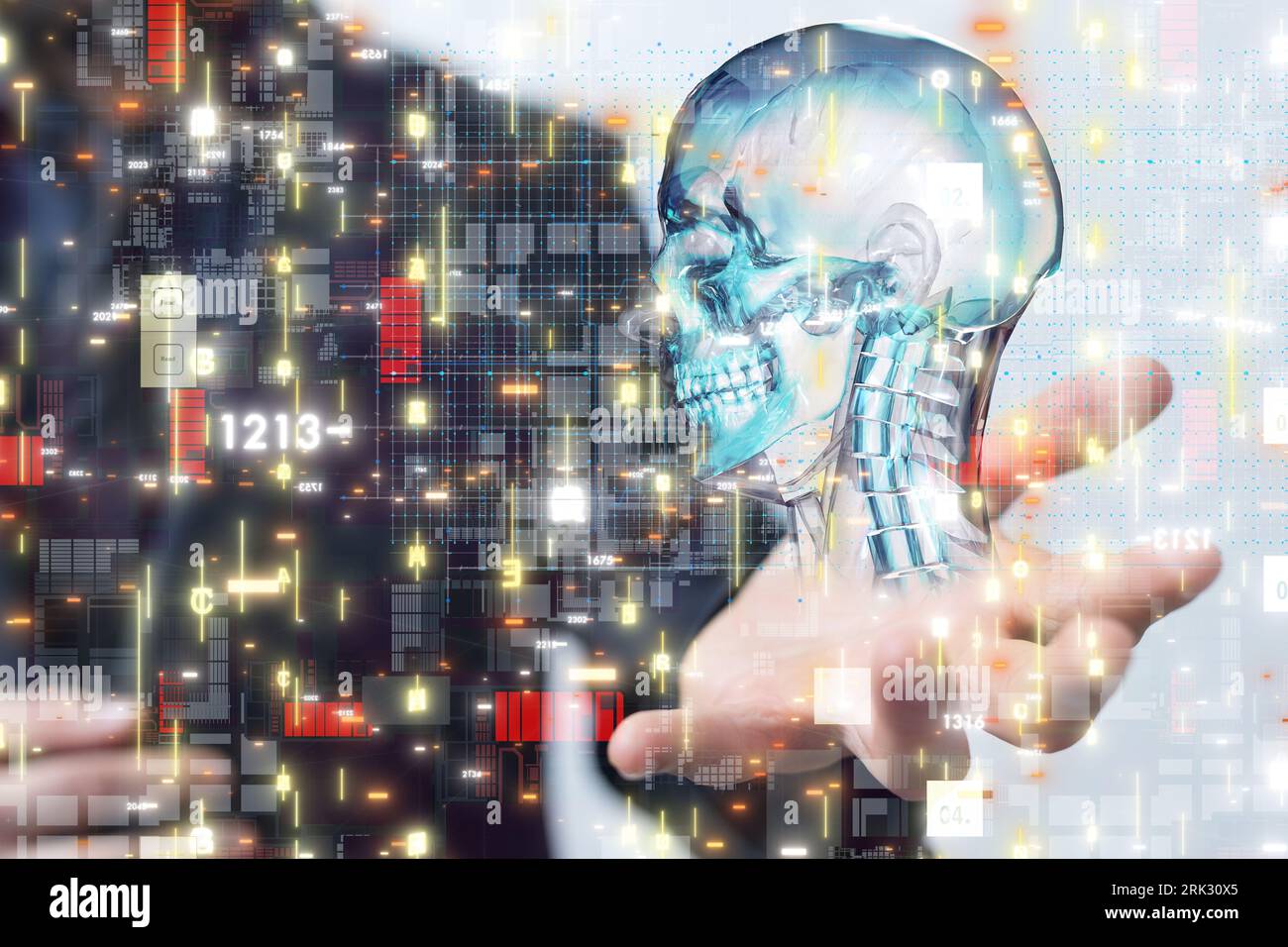 A man holding a digital head in his hands with a digital background ...
