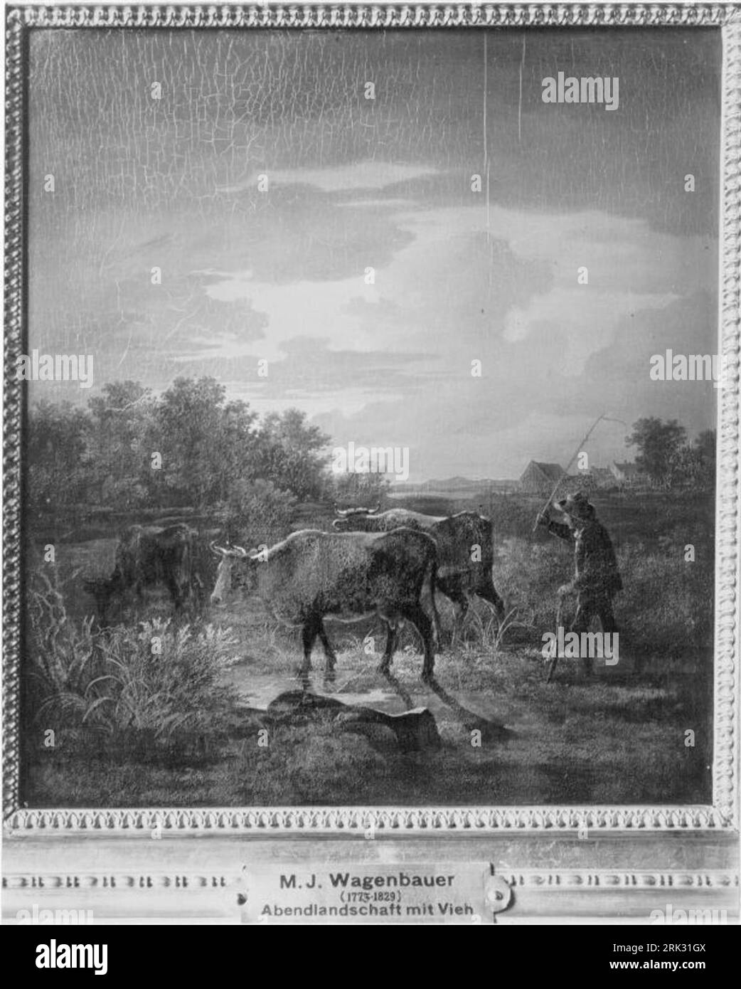 Abendliche Landschaft mit Hirt und drei Rindern between circa 1812 and ...