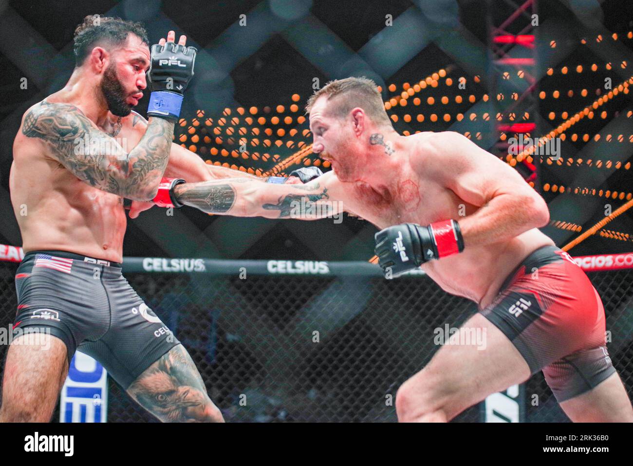 NEW YORK CITY, NEW YORK - August 23: (R-L) Clay Collard punches Shane ...